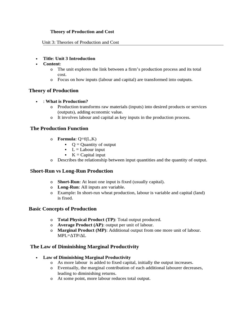 Unit 3 Economics Short Note | PDF | Long Run And Short Run | Labour ...