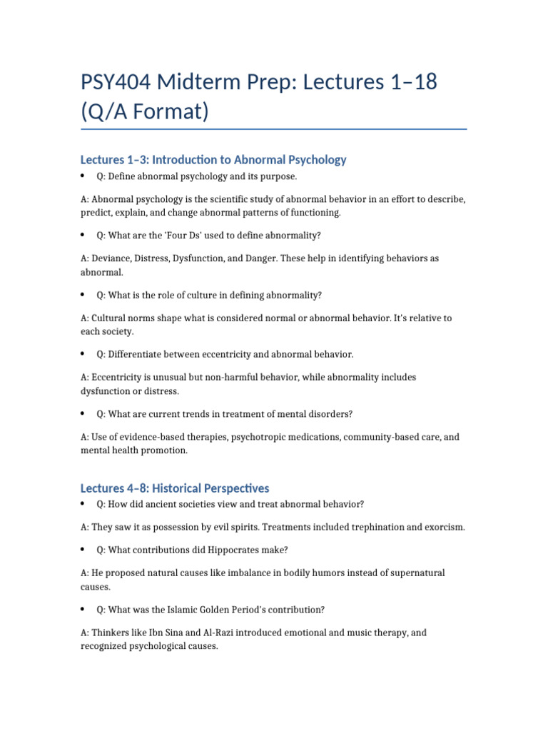 PSY404 Midterm QA Lectures 1 To 18 | PDF | Abnormal Psychology | Psychology