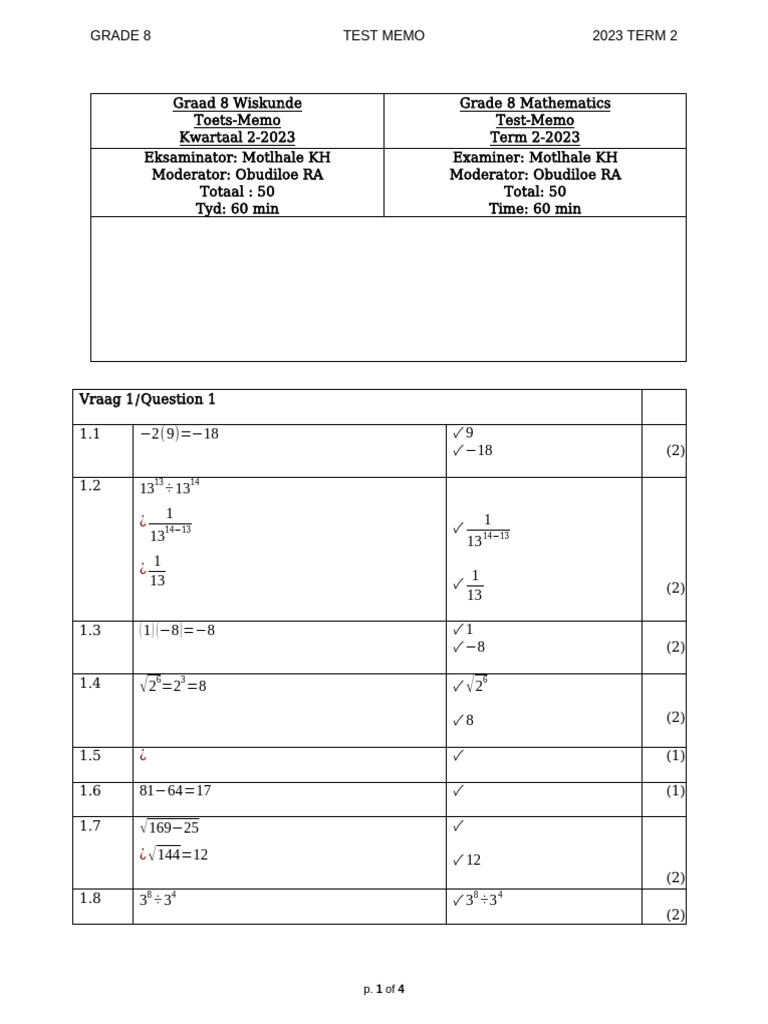 GR 8 Edwardsmaths Test or Assignment Exponents, Numeric and Geometric ...