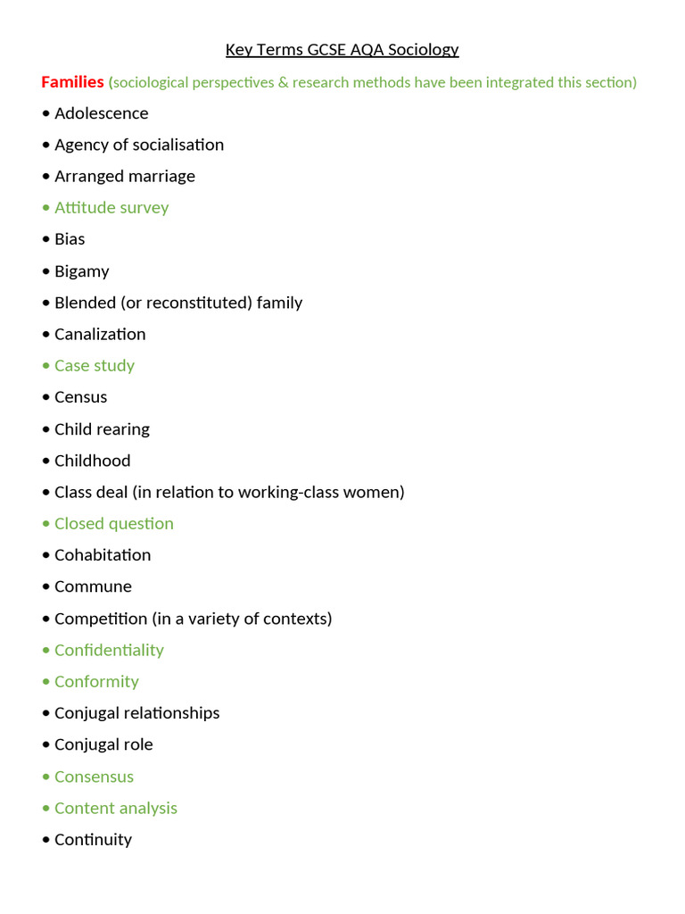 Key Terms GCSE AQA Sociology | PDF | Family | Deviance (Sociology)