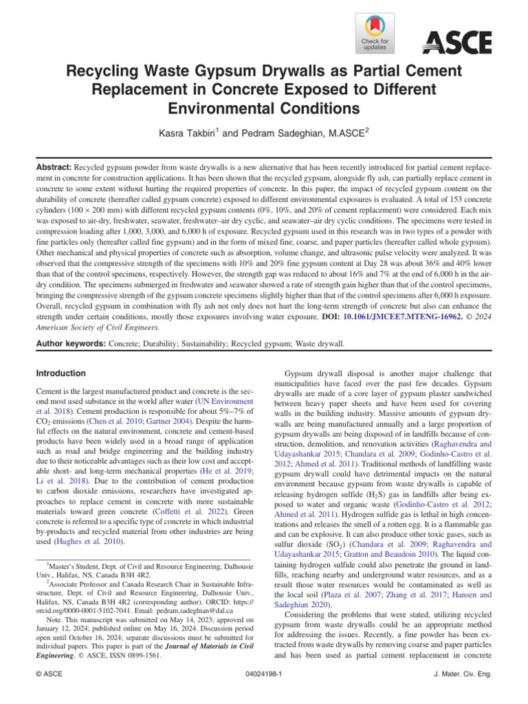 Takbiri Sadeghian 2024 Recycling Waste Gypsum Drywalls As Partial ...