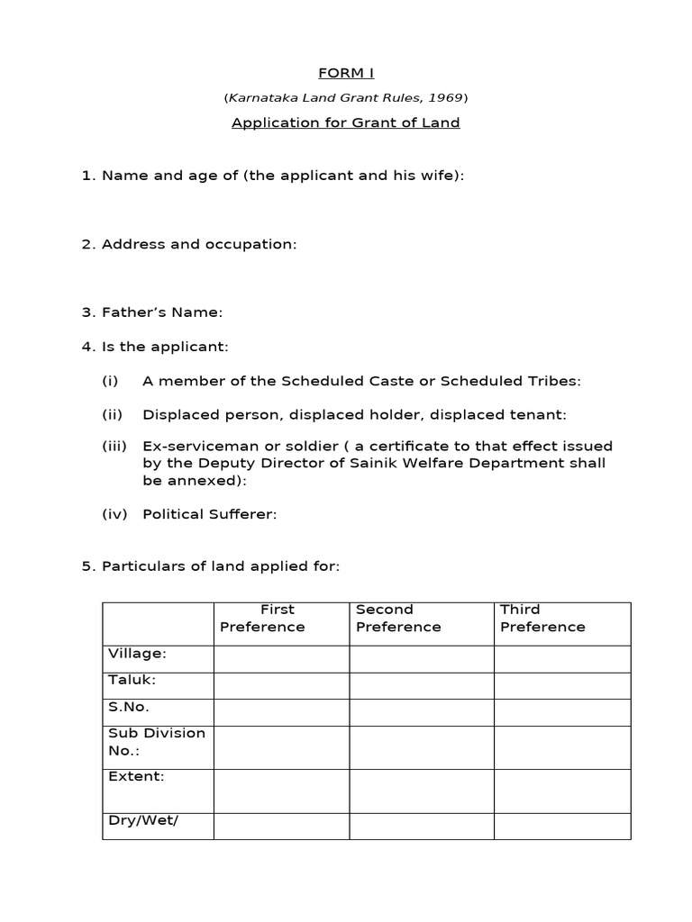 Karnataka Land Grant Application Form | PDF
