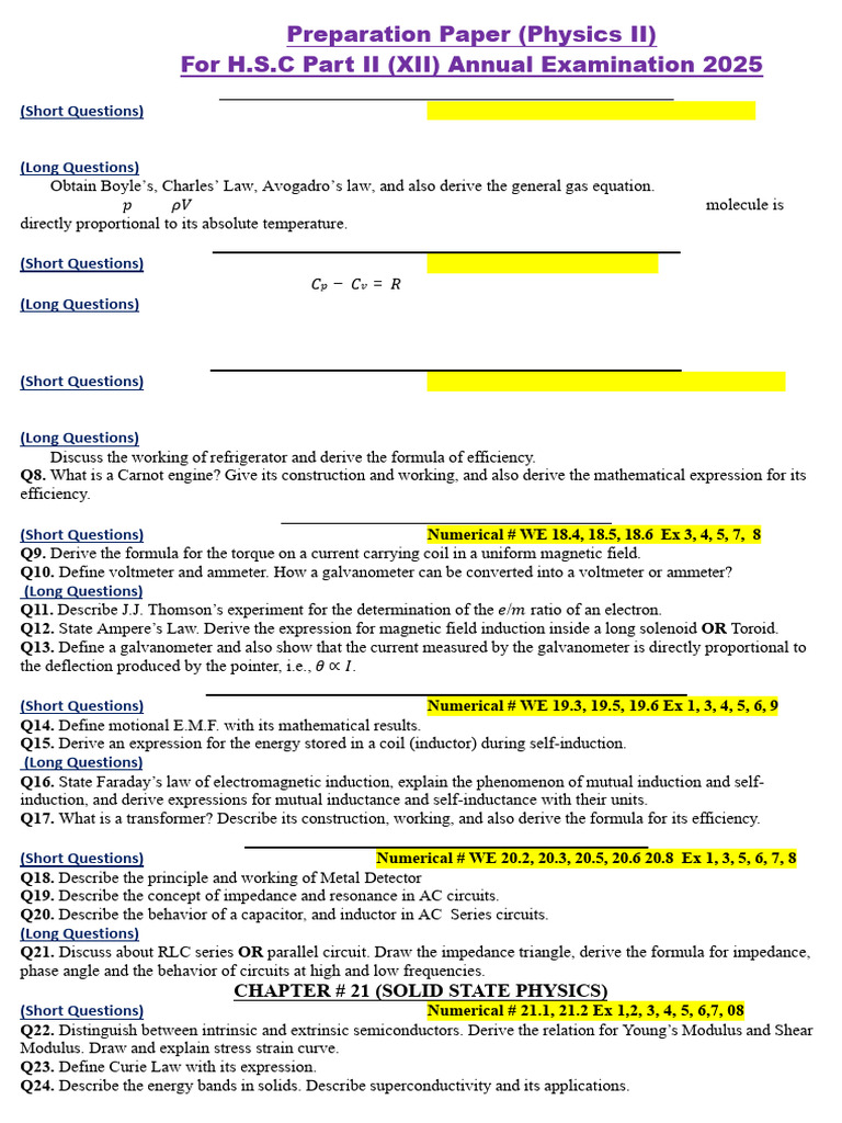 XII Physics Preparation Paper 2025 FINAL Unsolved | PDF | Inductance ...
