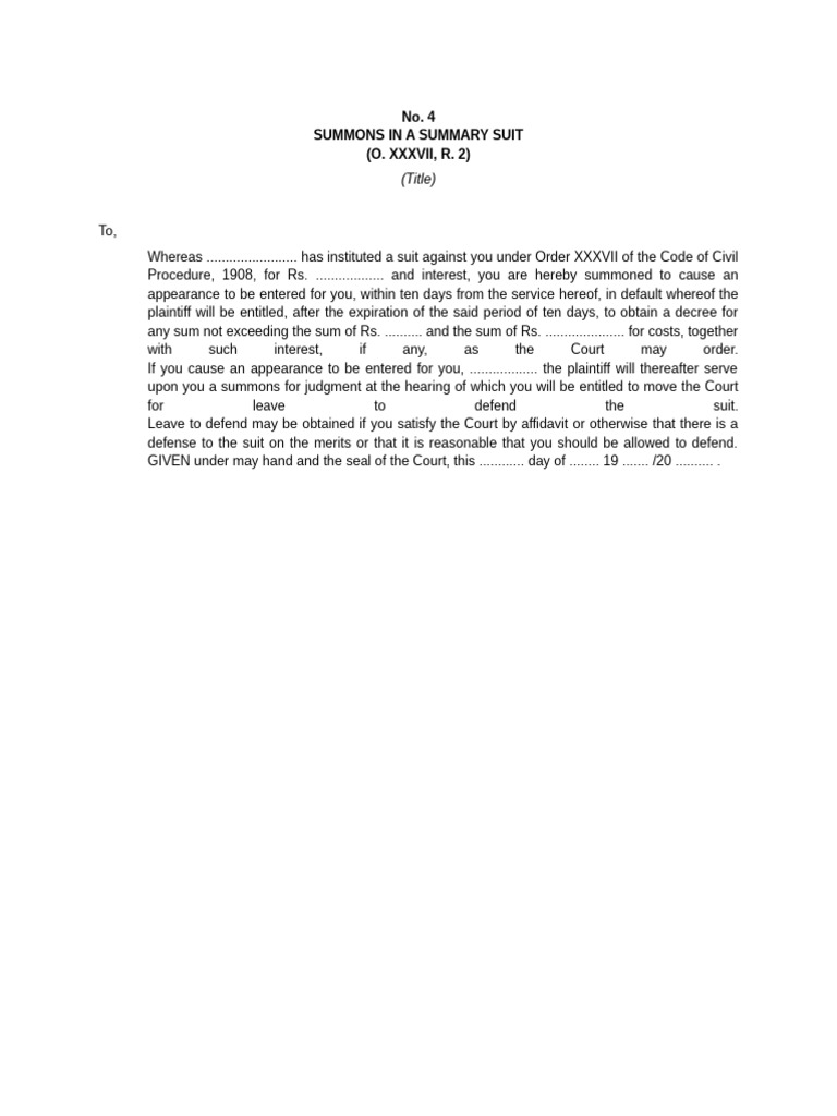 Summons In A Summary Suit O 37 R 2 PDF
