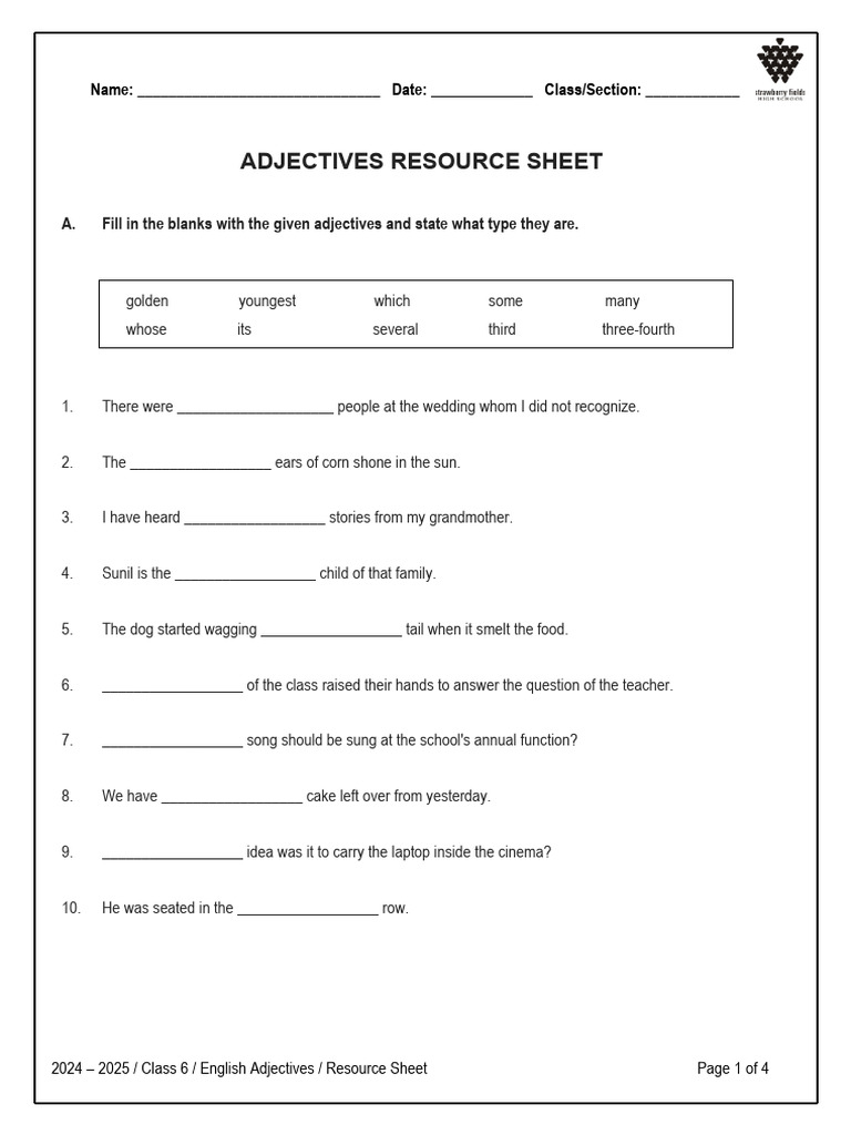 Adjectives Resource Sheet | PDF | Natural Satellite | Saturn