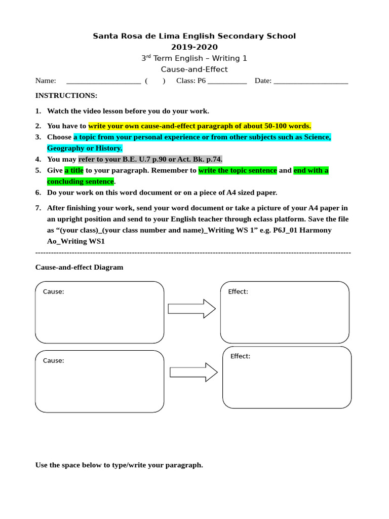 3rd Term Writing WS 1 - Cause and Effect Paragraph | PDF