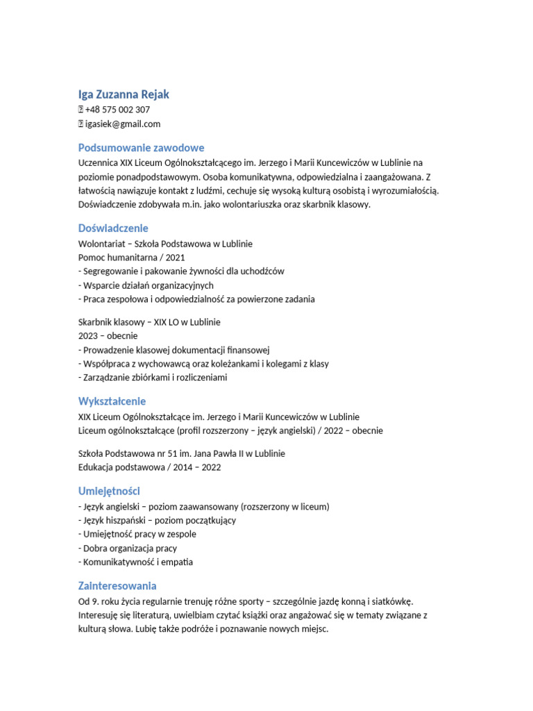 CV Iga Rejak | PDF