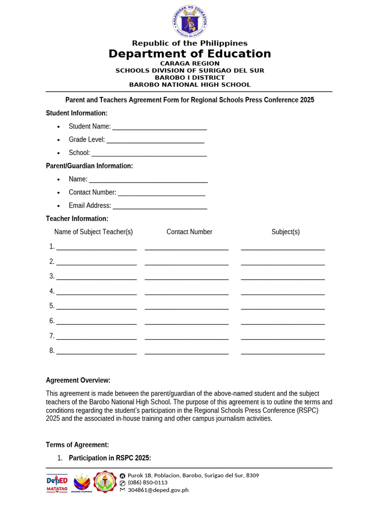 Parent-Teacher Agreement for RSPC 2025 | PDF