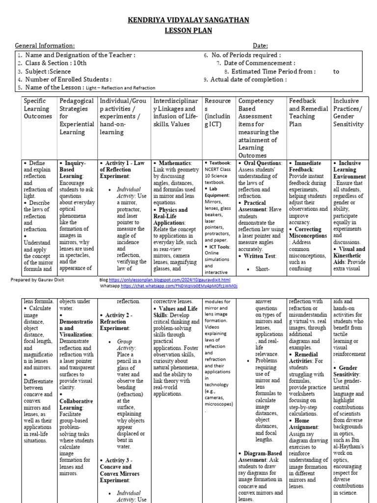 Science Lesson Plan: Light Refraction | PDF | Optics | Applied And ...
