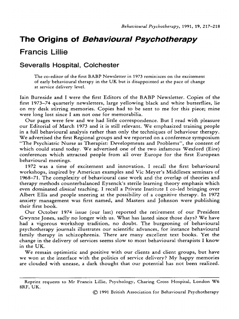 The Origins of Behavioural Psychotherapy | PDF | Psychotherapy ...