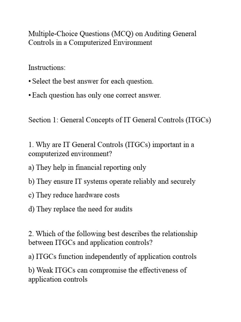 MCQs on IT General Controls Audit | PDF | Security | Computer Security