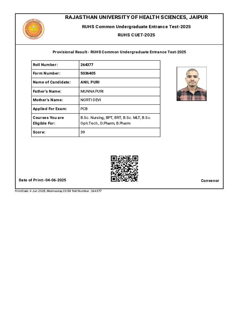Result RUHS CUET-2025 | PDF