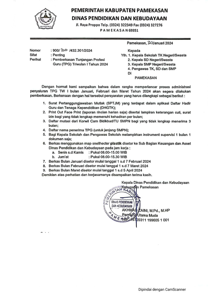 Edaran, SP & SOP Pemberkasan TPG TW I Tahun 2024 | PDF