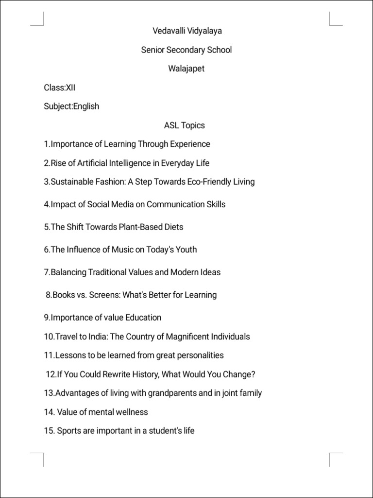 ASL Topics Class 12 - 26 | PDF