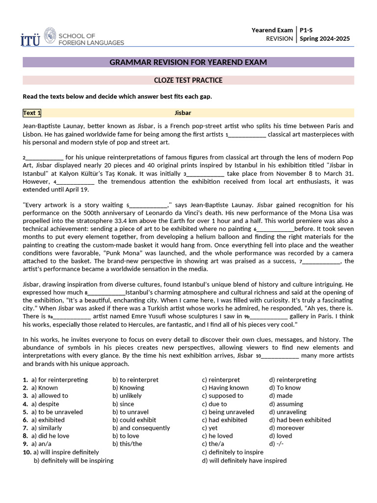 P1-S Main Course Grammar Revision For Yearend Exam - Cloze Test | PDF ...