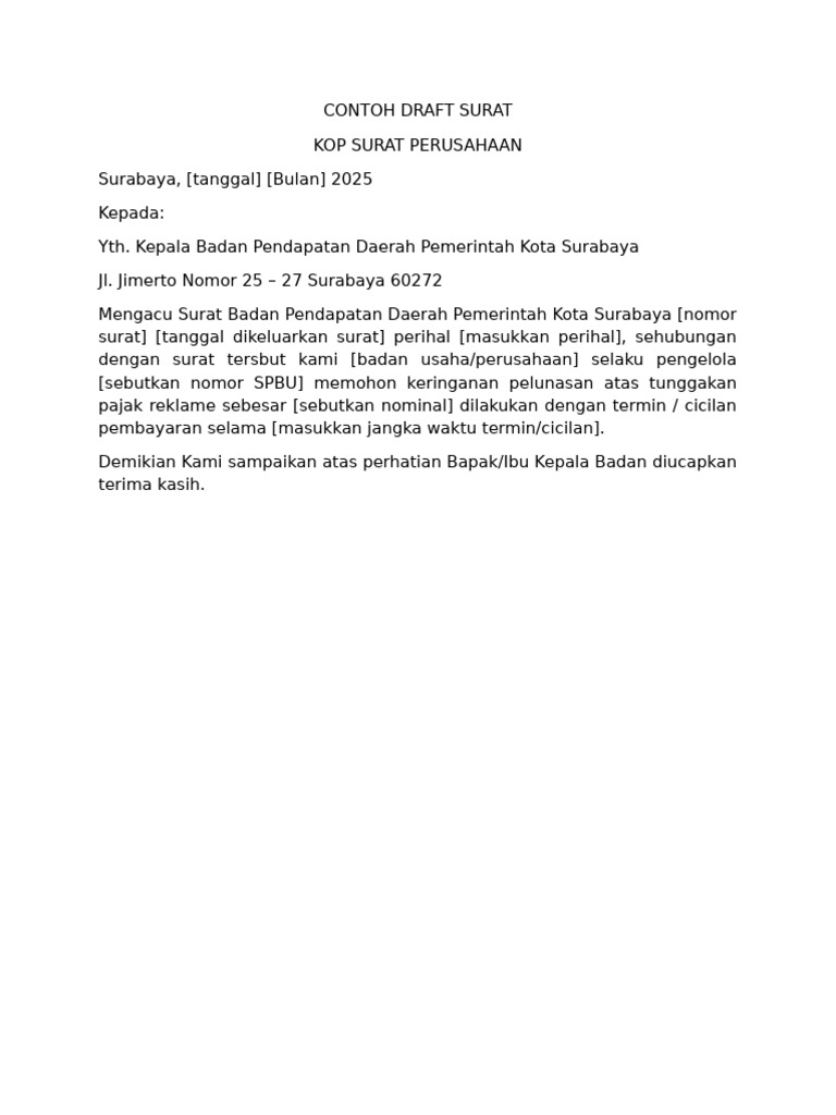 Contoh Draft Surat Permohonan Keringanan | PDF
