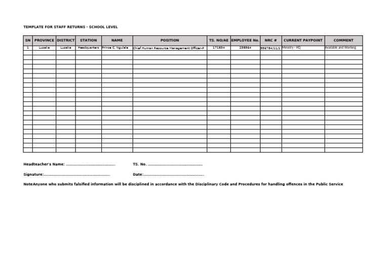 School Staff Returns Template | PDF