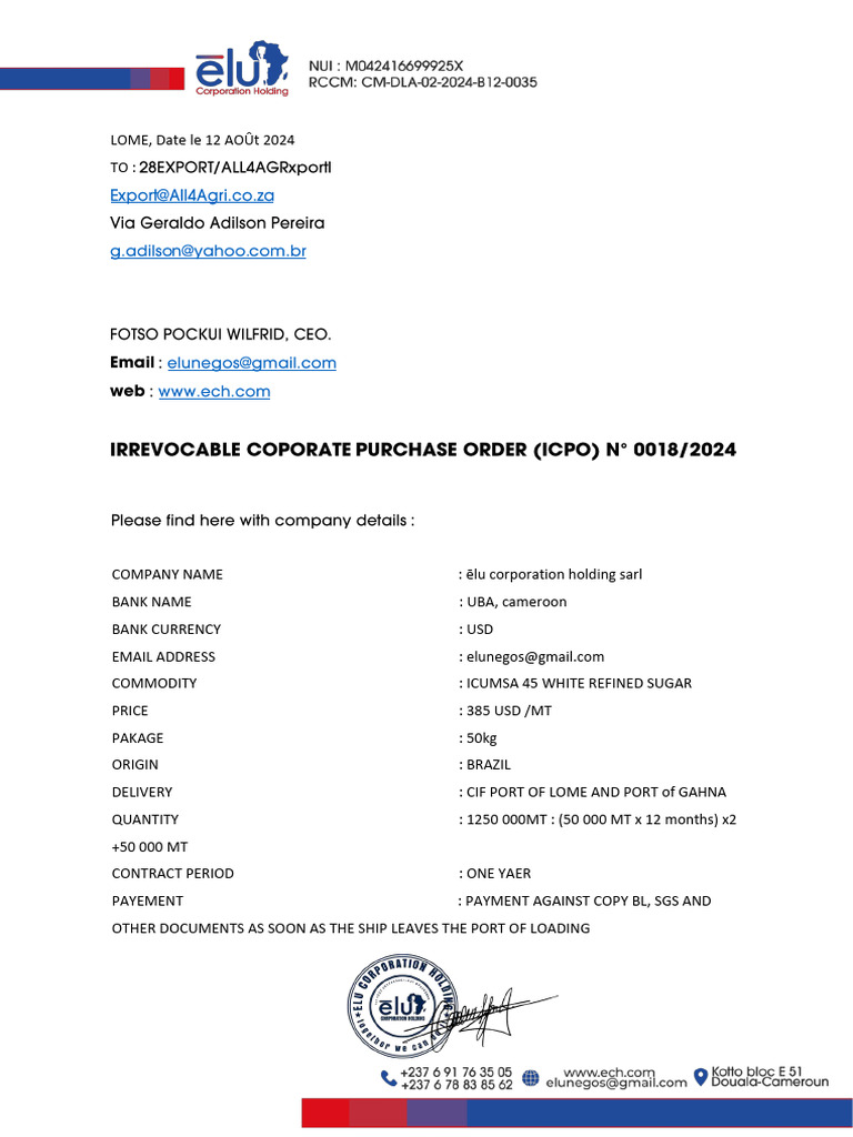 ICPO for ICUMSA 45 Sugar Purchase | PDF
