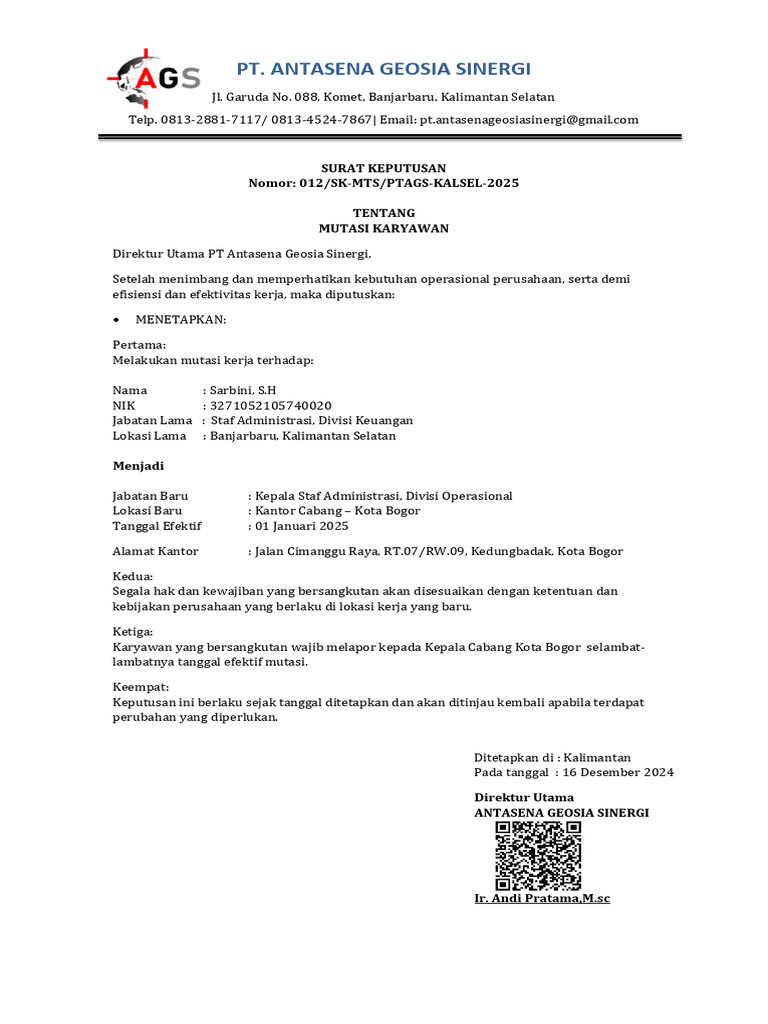 Mutasi Karyawan PT Antasena Geosia Sinergi | PDF