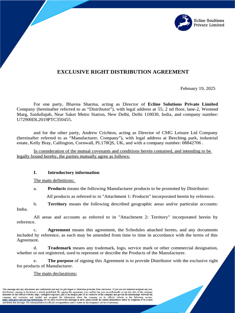 Exclusive Distribution Agreement: Ecline & CMG | PDF | Patent | Bankruptcy