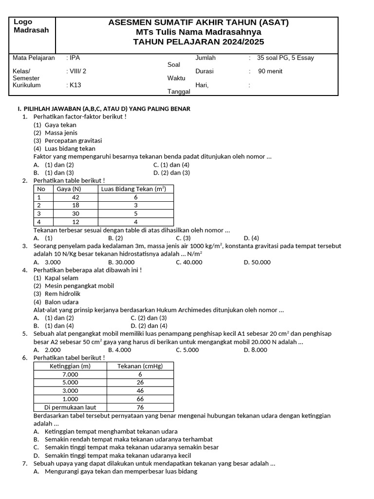 Format Soal Asat Ipa 8 | PDF