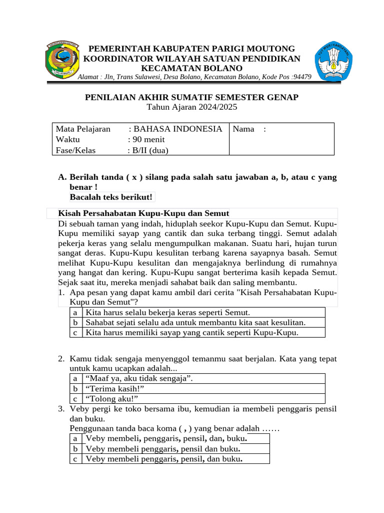 SOAL AKM BAHASA INDONESIA KELAS 2 SEMESTER 2 | PDF