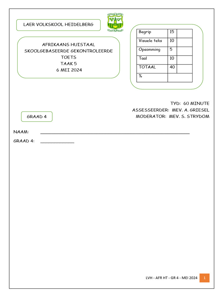 Afr - HL - GR 4 - Taal en Begrip - T2 - 2024 - Ann | PDF