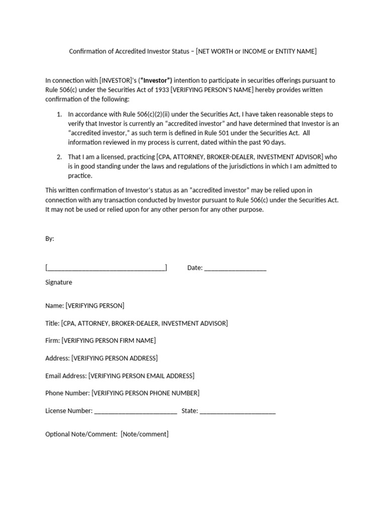 Accredited Investor Confirmation Letter | PDF