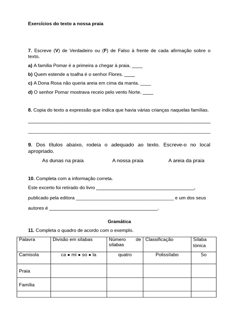 Exerc Do Texto A Nossa Praia - Ficha Aval 2 Ano | PDF | Linguística | Famílias linguísticas