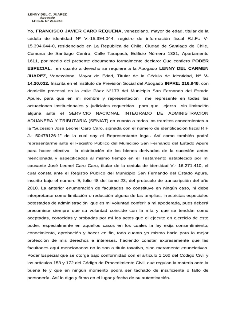 Poder Esp Fran Caro Abogada de Sucesion | PDF | Justicia | Crimen y violencia