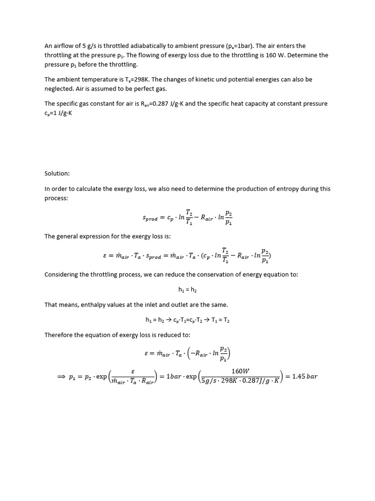Exergy Loss - Throttling Process | PDF
