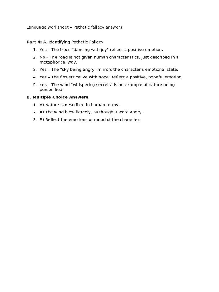 Pathetic Fallacy Answers | PDF
