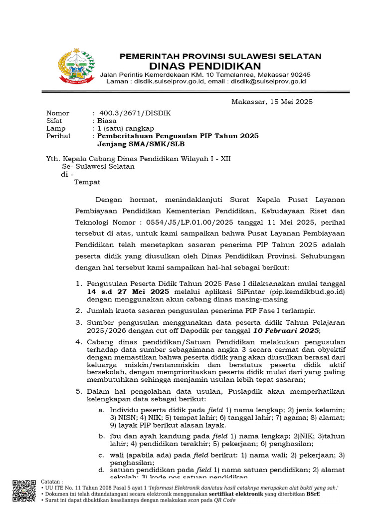 Surat Pemberitahuan Pengusulan Pip Fase 1 Tahun 2025 | PDF