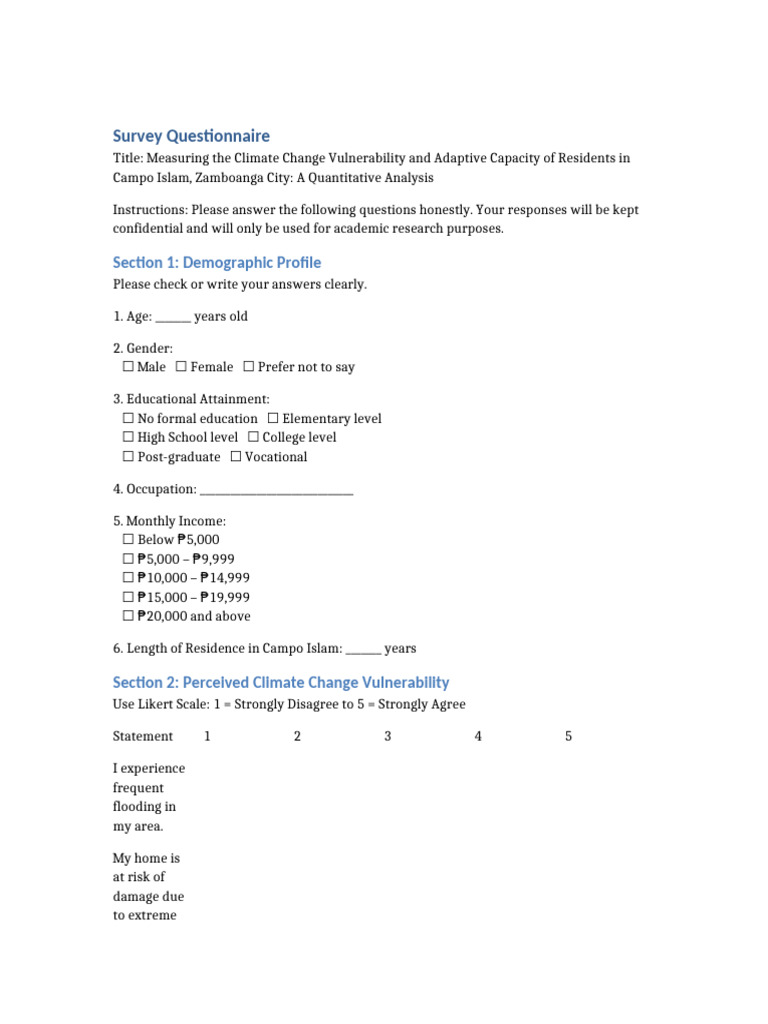 Campo Islam Climate Change Survey Questionnaire | PDF | Emergency ...