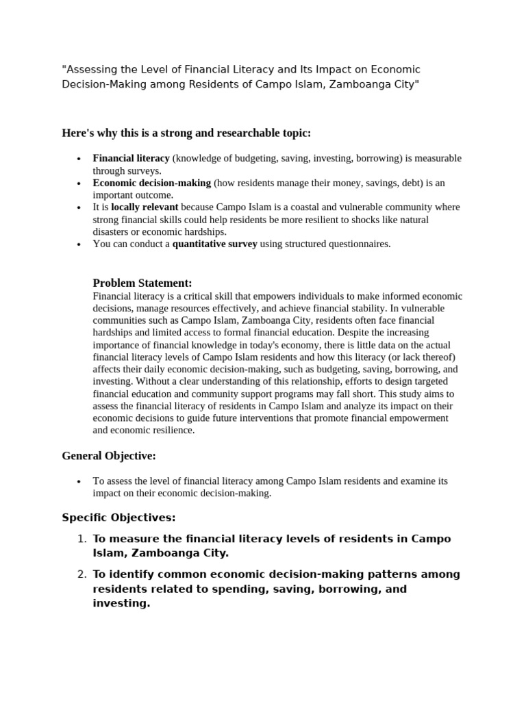Assessing The Level of Financial Literacy and Its Impact On Economic ...