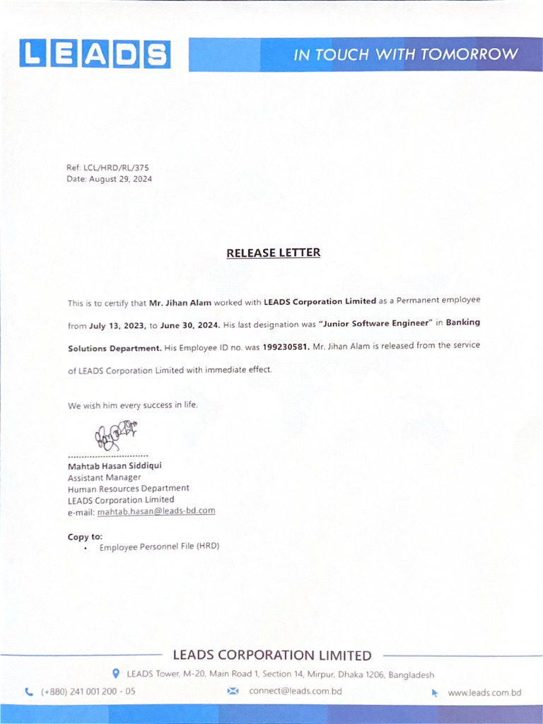 Release Letter and Experience Certificate 2 | PDF