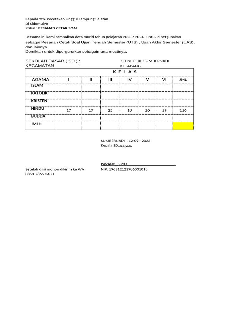 Revisi Blanko Data Murid 2023-24 Pesanan Soal Uts, Us | PDF