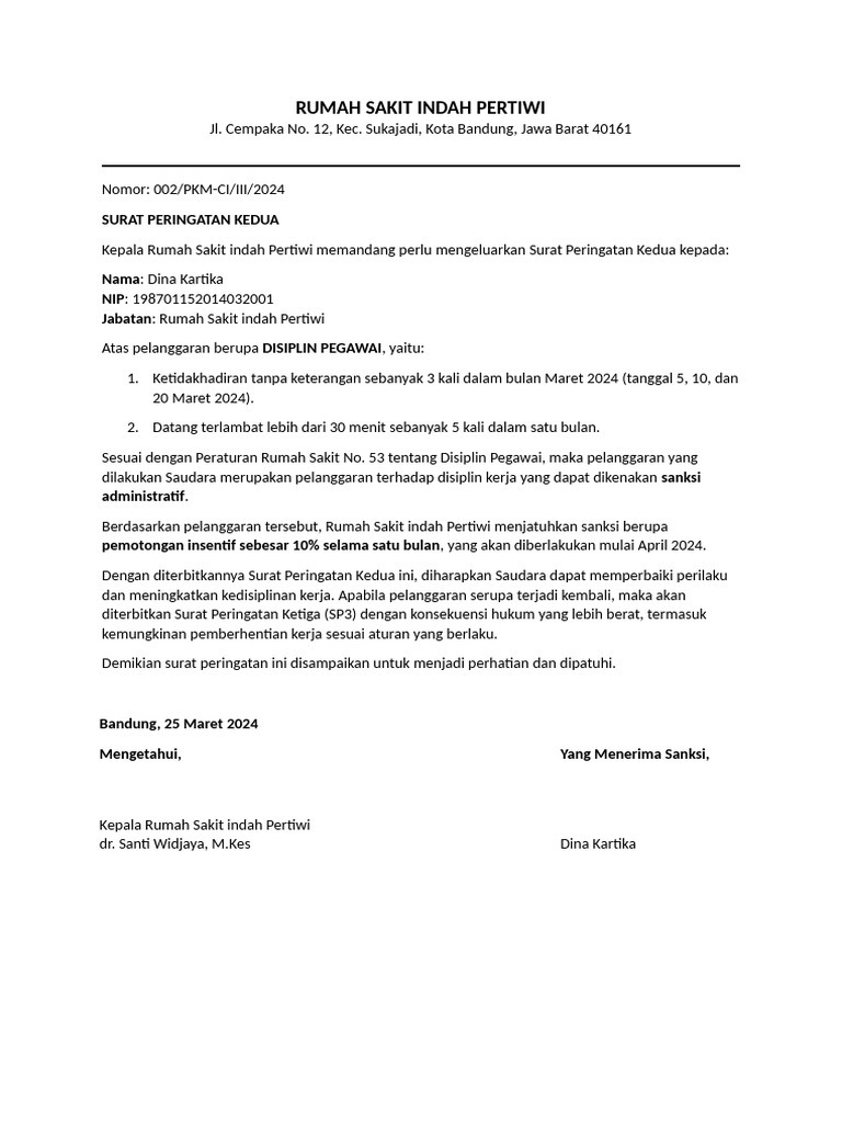 Contoh Surat Peringatan Kedua Dengan Sanksi Pemotongan Insentif | PDF
