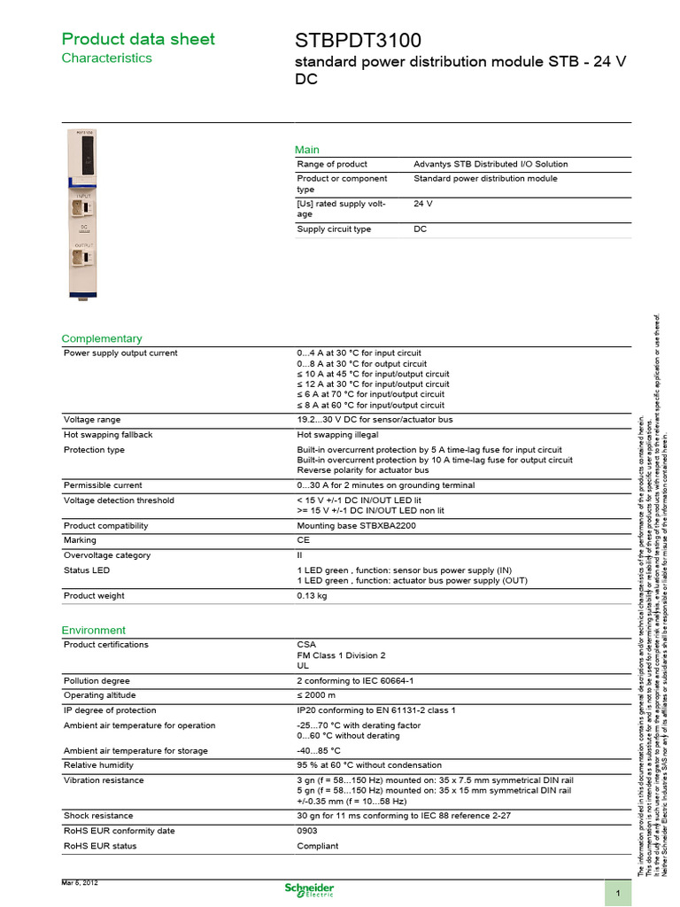 Schneider STB PDT 3100 Datasheet | PDF | Direct Current | Fuse (Electrical)