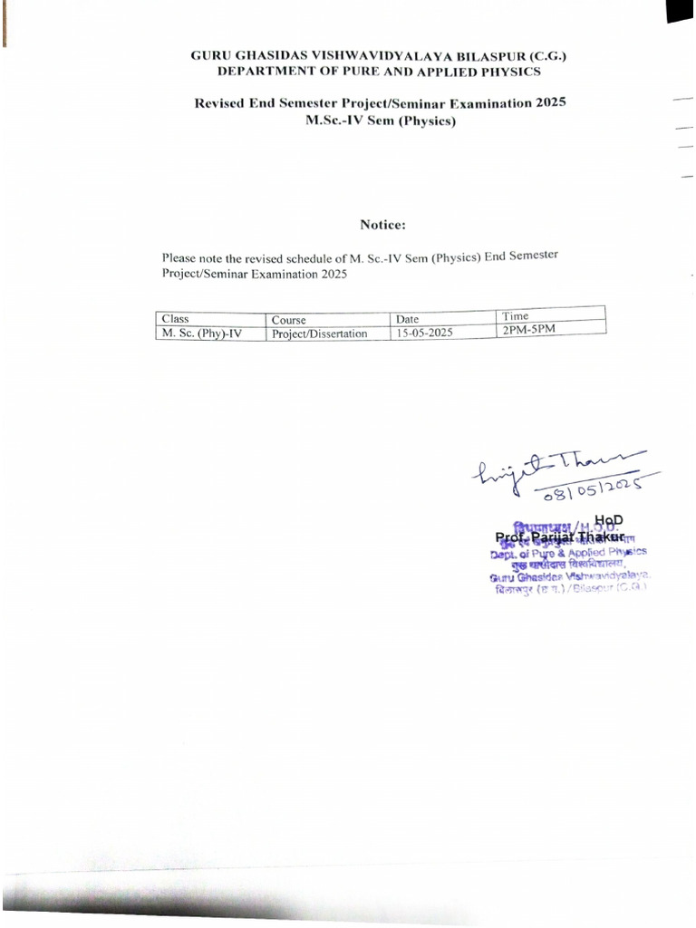 Revised MSC PHYSICS IV SEM PROJECT - SEMINAR TIME TABLE | PDF