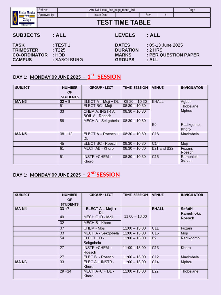 Test Schedule: June 2025, All Subjects | PDF