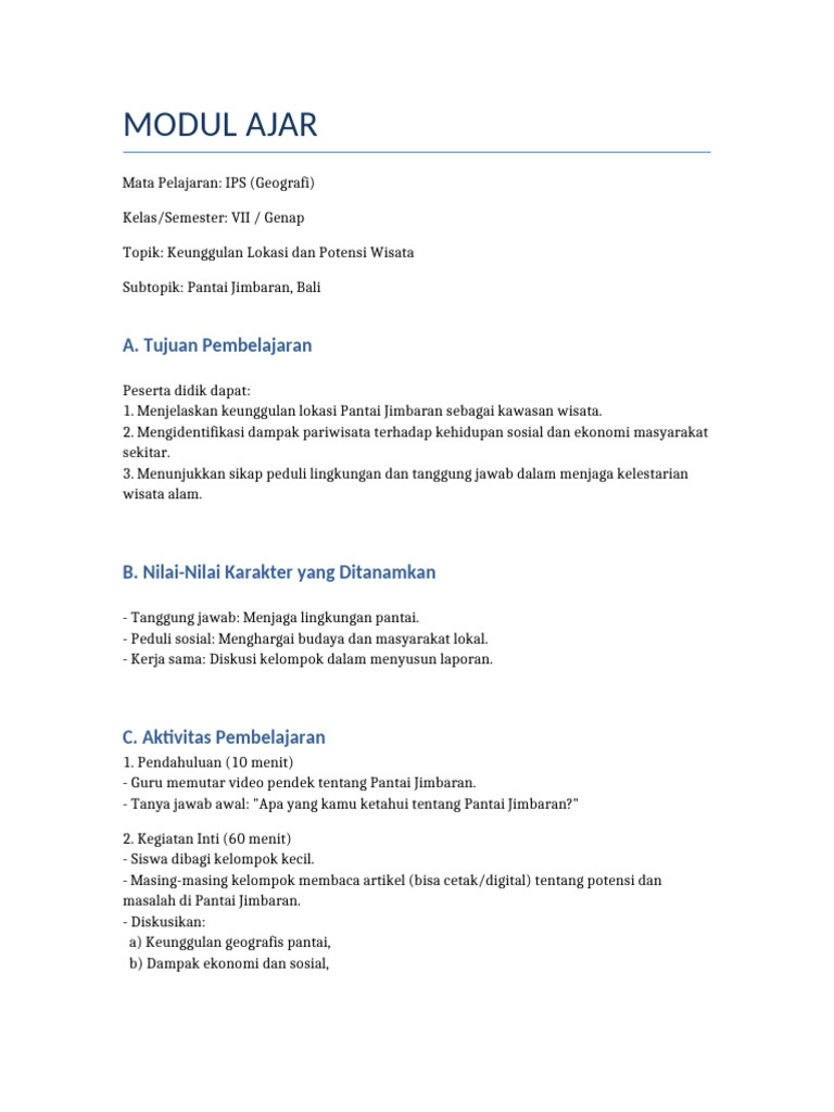 Modul Ajar Pantai Jimbaran | PDF
