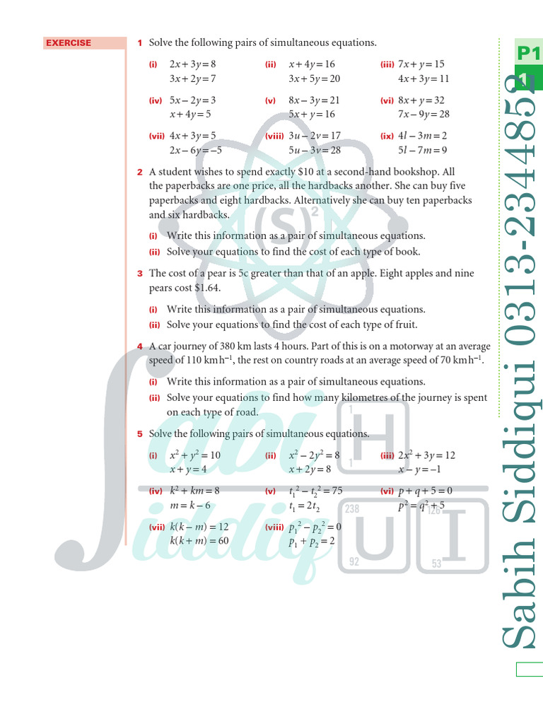 Simultaneous Equations Exercise Alevel Pure Maths 1 (1) | PDF