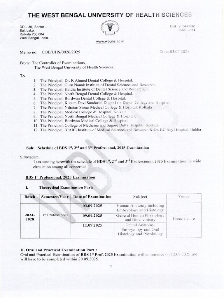 Schedule of BDS 1st 2nd and 3rd Professional 2025 Examination | PDF