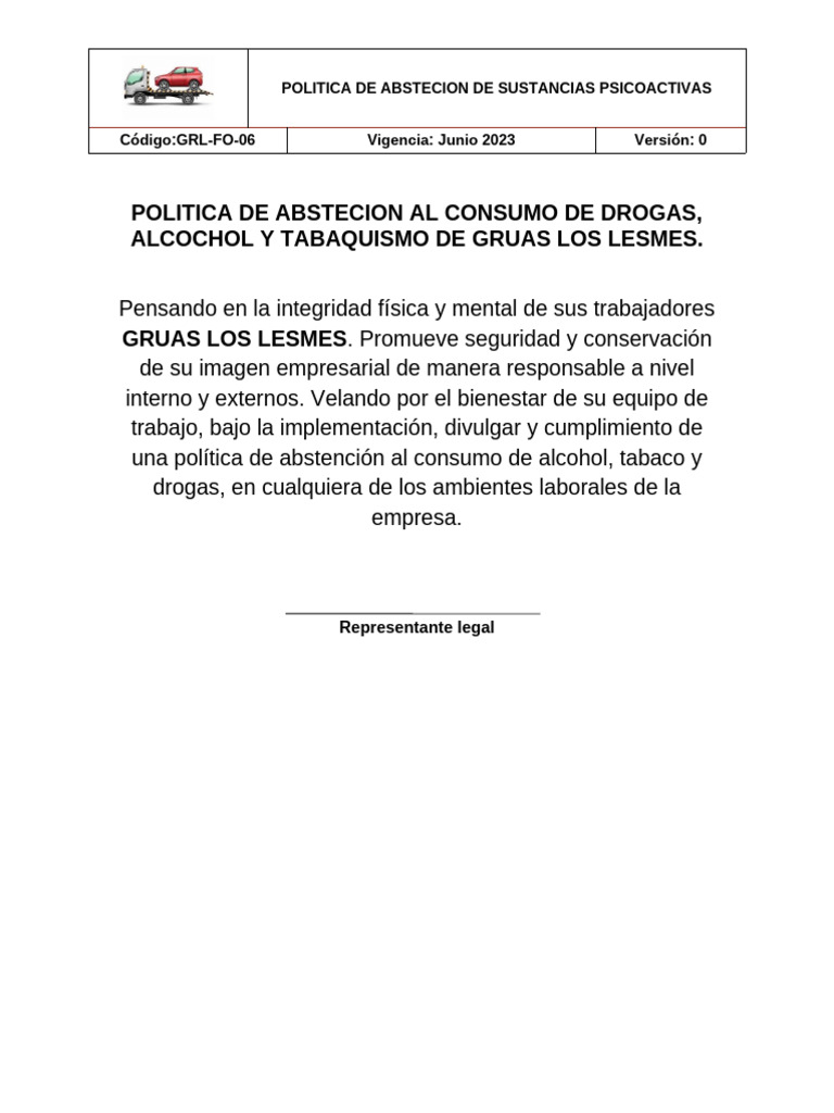 GRL-FO-06 Formato de Politica de Abstencion Al Consumo de Drogas, Alcohol y Tabaquismo | PDF