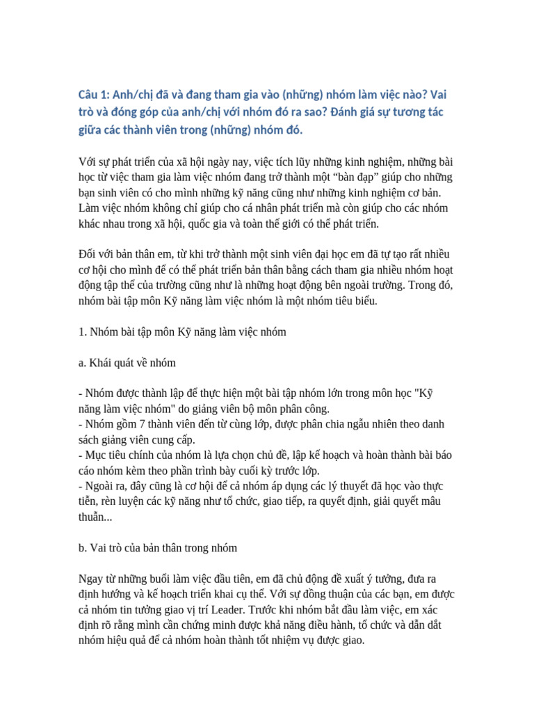 Cau1 KyNangLamViecNhom | PDF