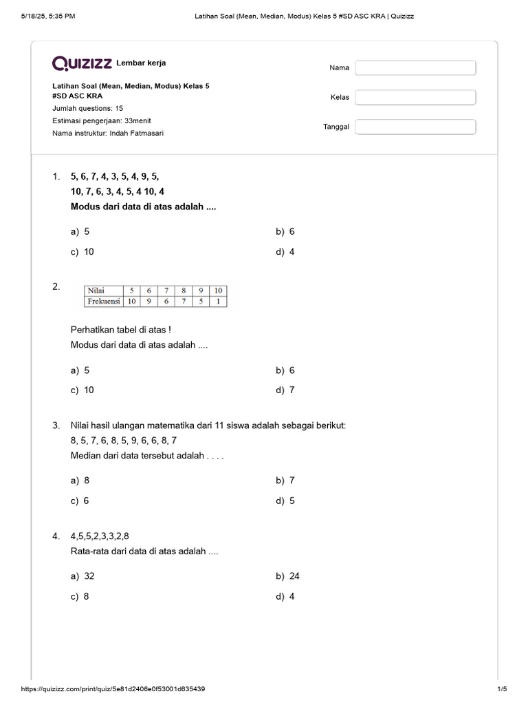 Latihan Soal (Mean, Median, Modus) Kelas 5 SD | PDF