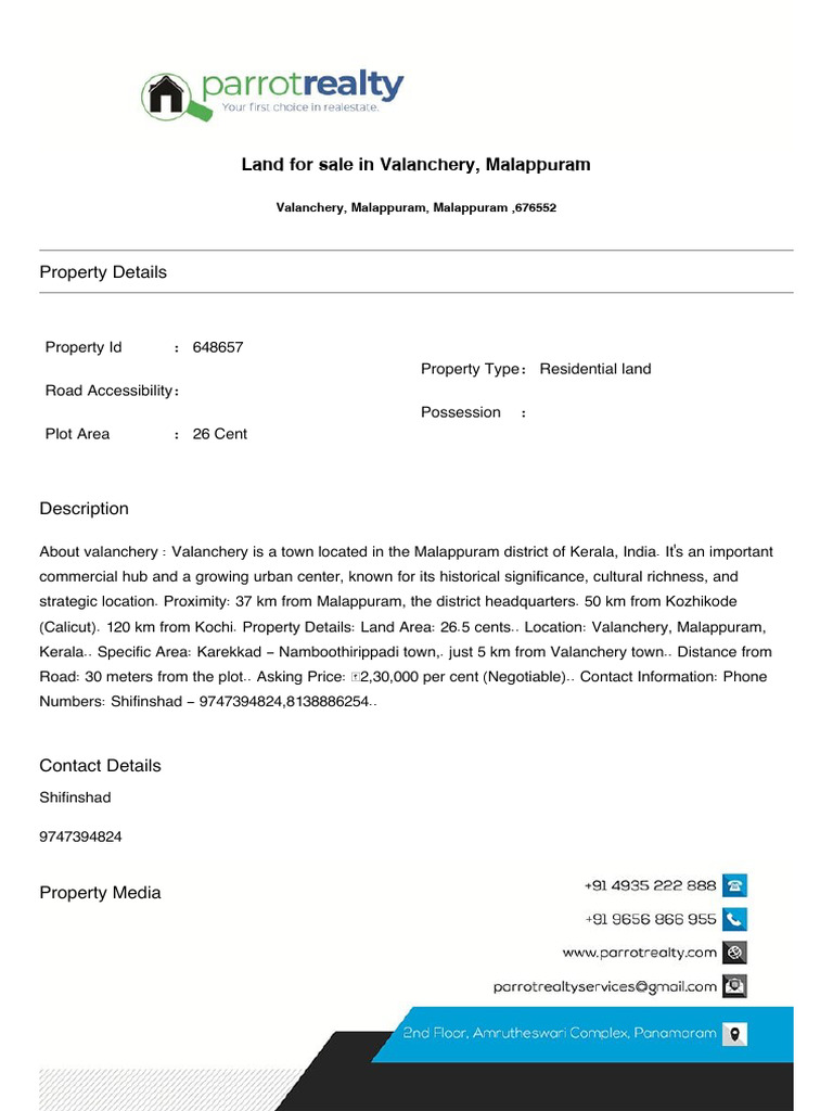 Residential Land for Sale in Valanchery | PDF