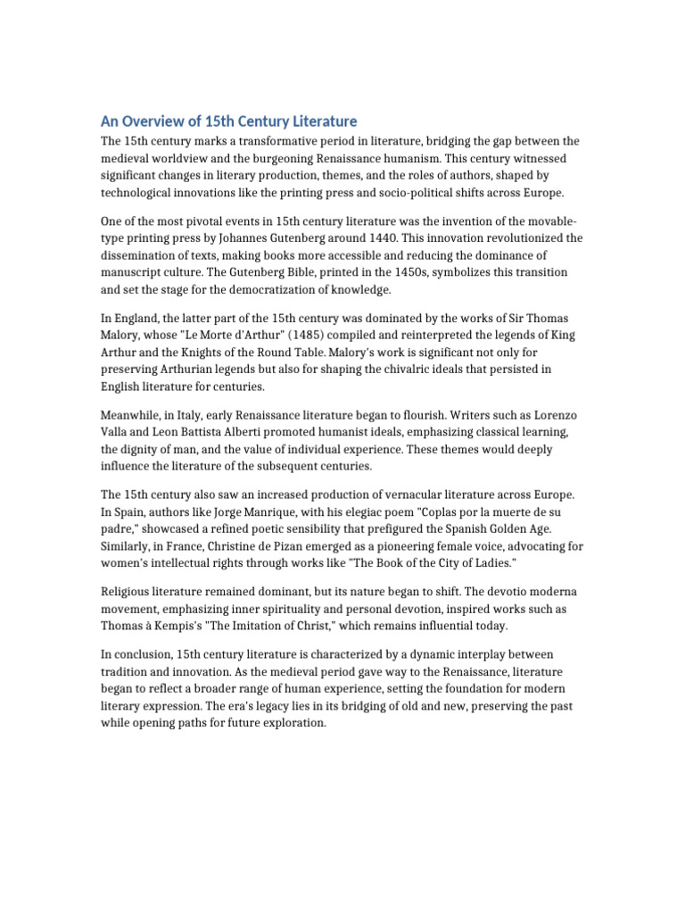 15th Century Literature Essay | PDF | Renaissance | Writing