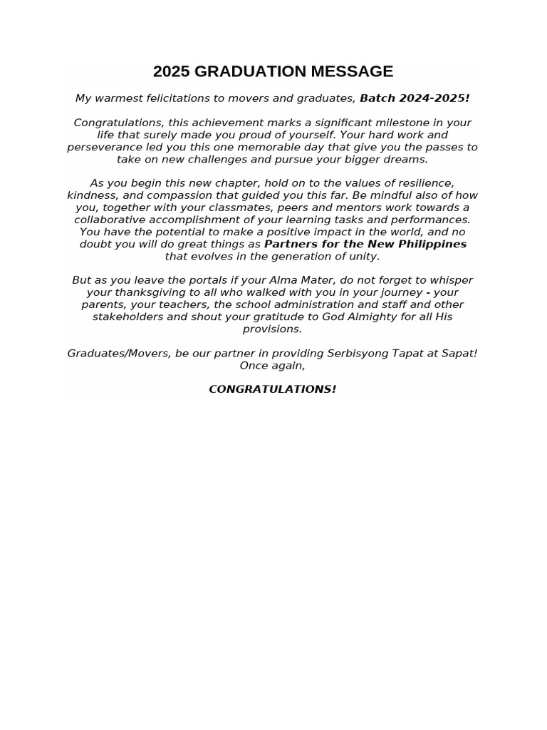 2025 Graduation Message from DepEd Secretary | PDF